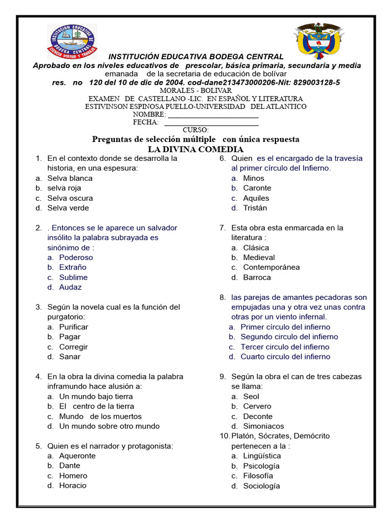 Examen de La Divina Comedia Listo 2 | PDF | Divina Comedia