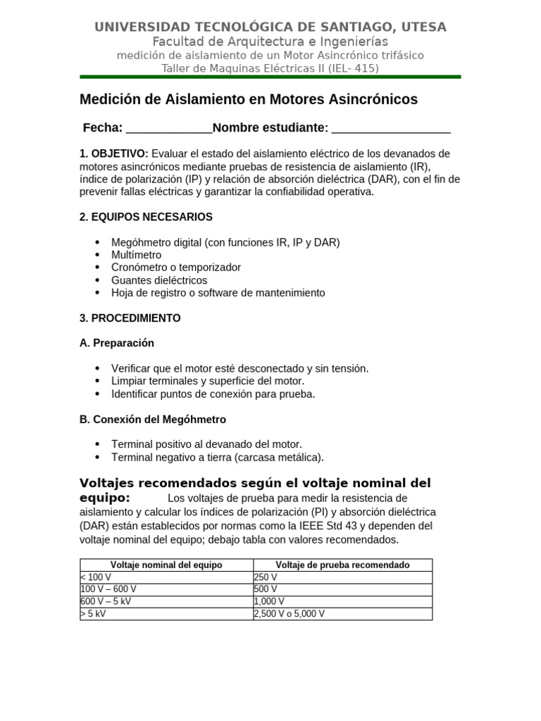 Guia practica medicion de aislamiento a motor trifasico asincrono (1) | PDF | Transformador ...