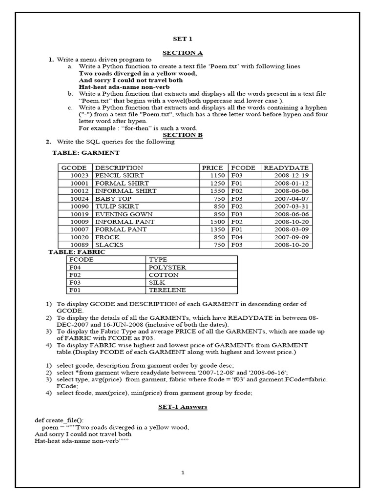 Answer Key Xii Cs Practical Question Paper-2025-26 | PDF | Comma ...