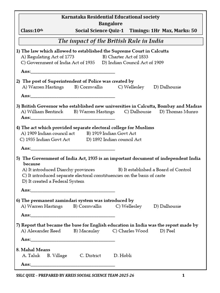 10TH SS Quiz - Part - 1 - 2025-26 | PDF