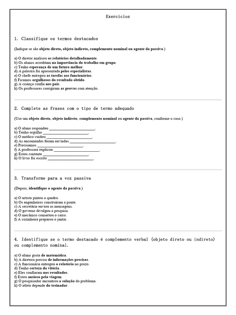 Exercicios de Complentos e Agente Da Passiva | PDF