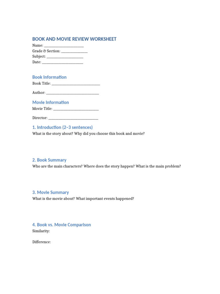 Book and Movie Review Worksheet With Rubric | PDF