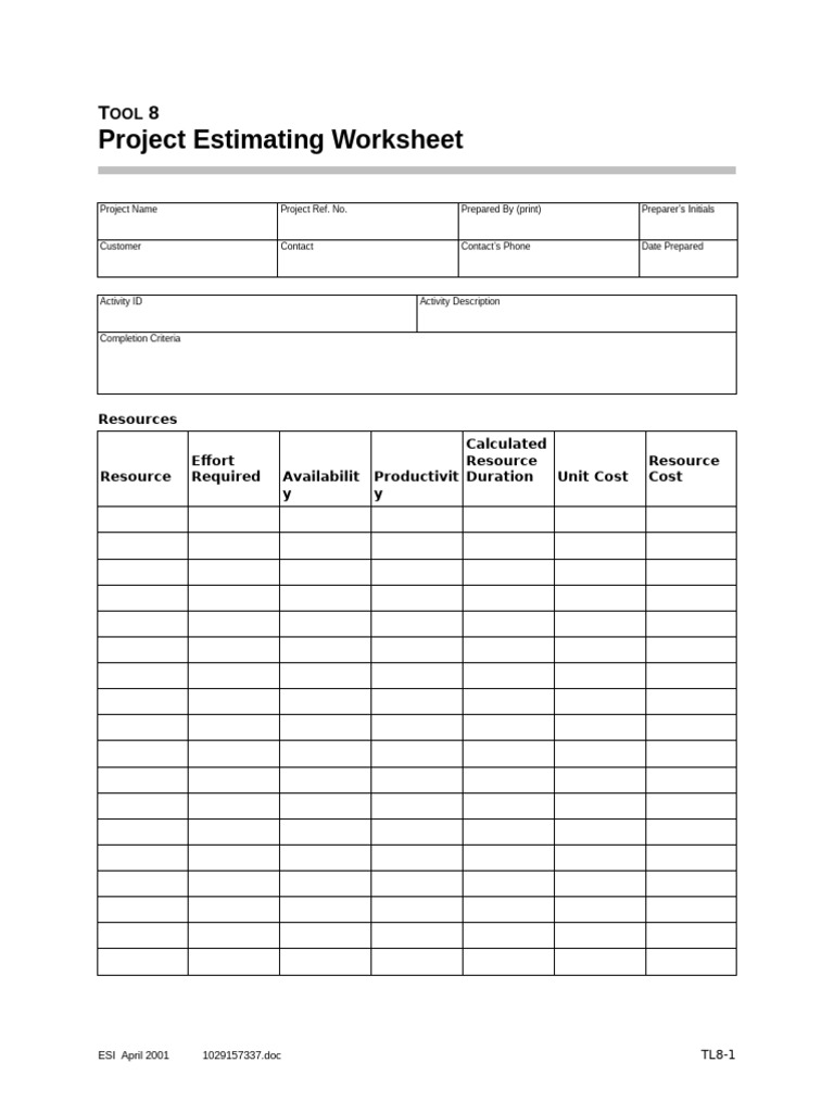 Project Estimation Worksheet | PDF