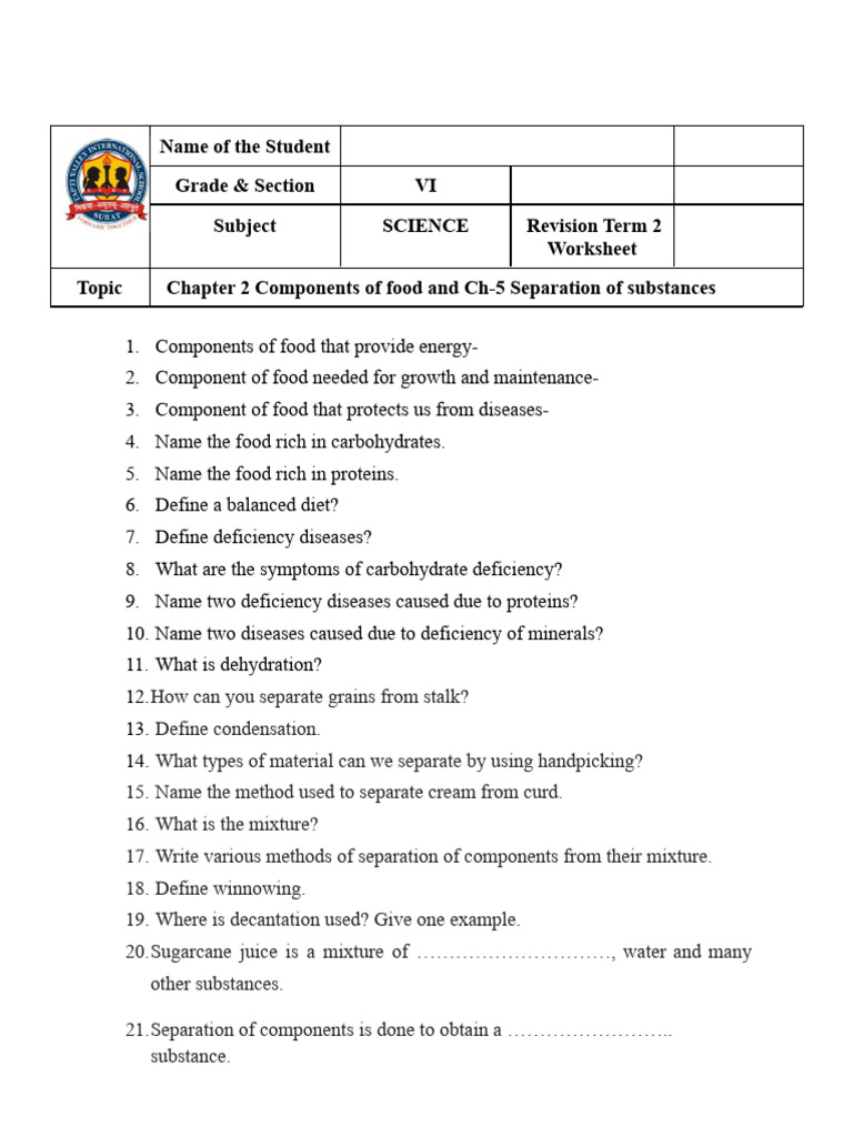 Grade 6 Science Revision Worksheet of CH 2 & 5 | PDF