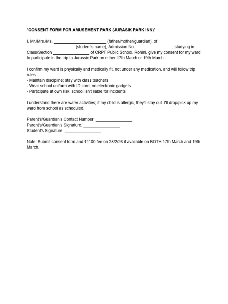 Consent Form For Amusement Park (Jurasik Park Inn) | PDF