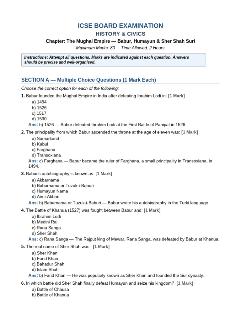 ICSE Mughal Empire Question Paper | PDF | Mughal Empire
