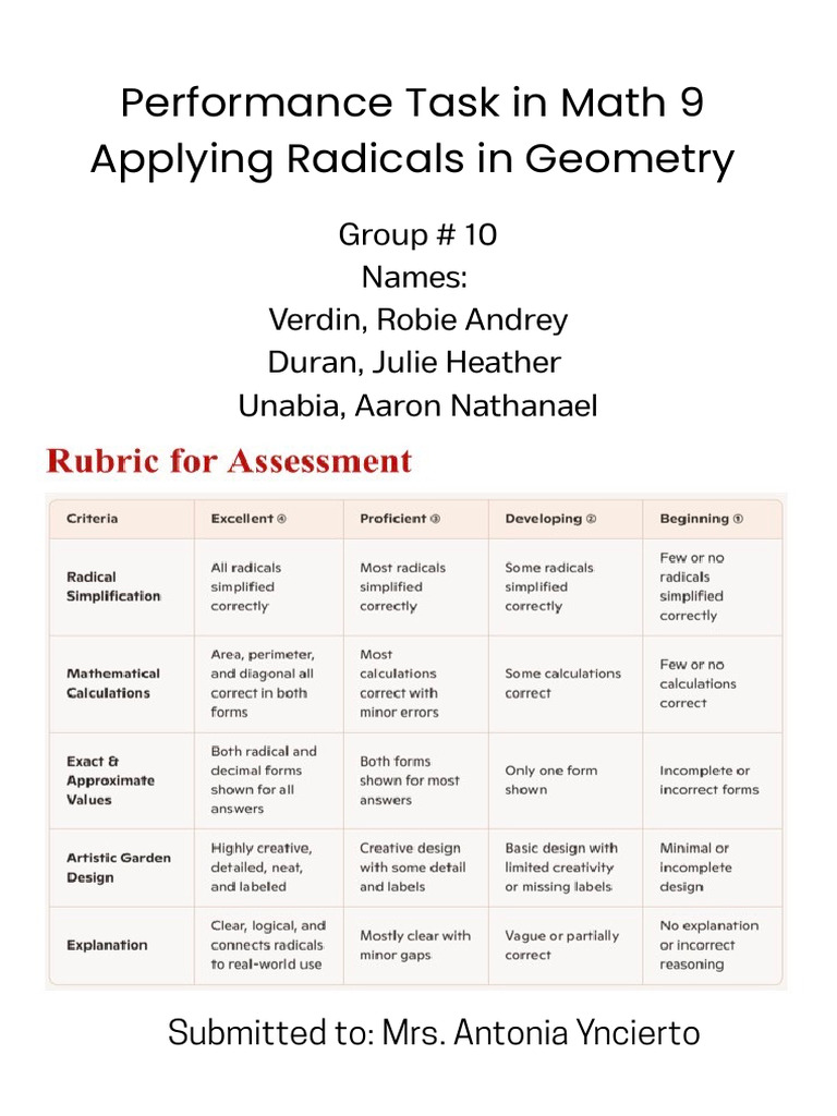 Performance Task in Math 9 Applying Radicals in Geometry 2 | PDF