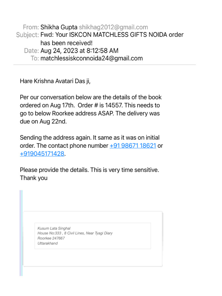FWD Your Iskcon Matchless Gifts Noida Order Has Been Received! | PDF