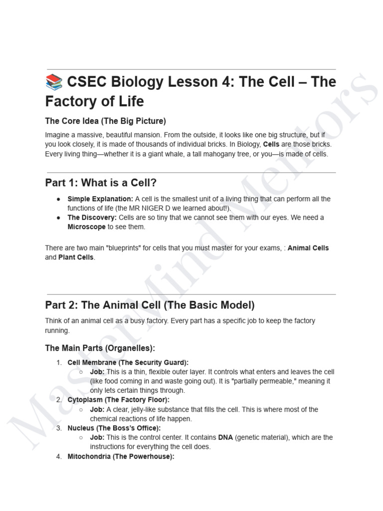 ? CSEC Biology Lesson 4 - The Cell - The Factory of Life | PDF | Cell ...
