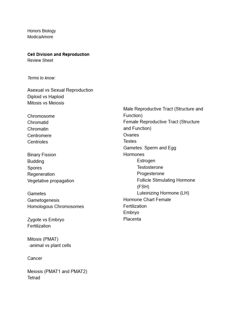 HB Cell Division and Reproduction Review Sheet | PDF