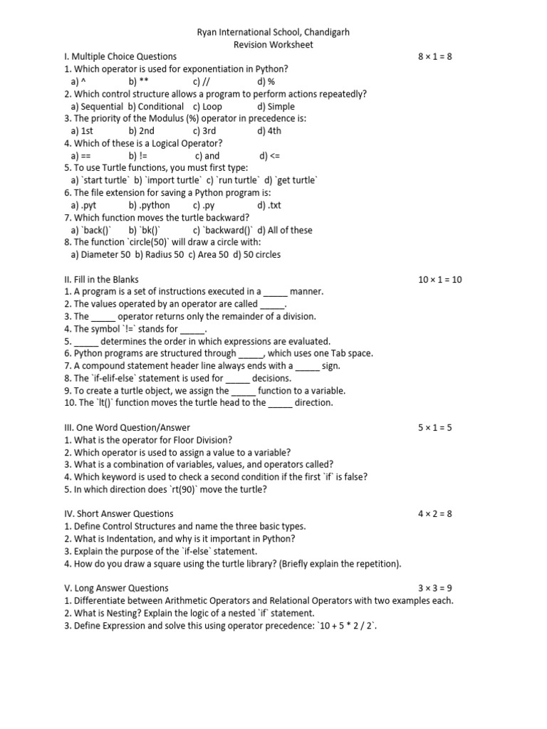 Revision Worksheet Class 7 Python, AI, Robots | PDF | Control Flow ...