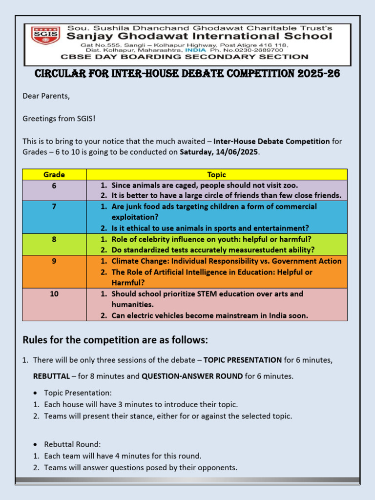 Circular For Inter-House Debate Competition - 2025-26 | PDF