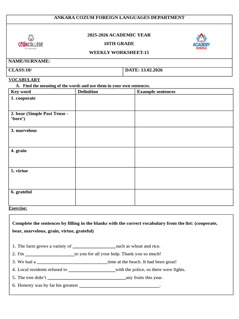 10th Grade - 15th Week - Weekend Worksheet | PDF | Linguistics