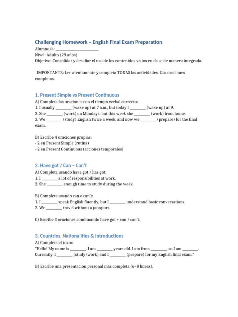 Challenging Homework English Final | PDF