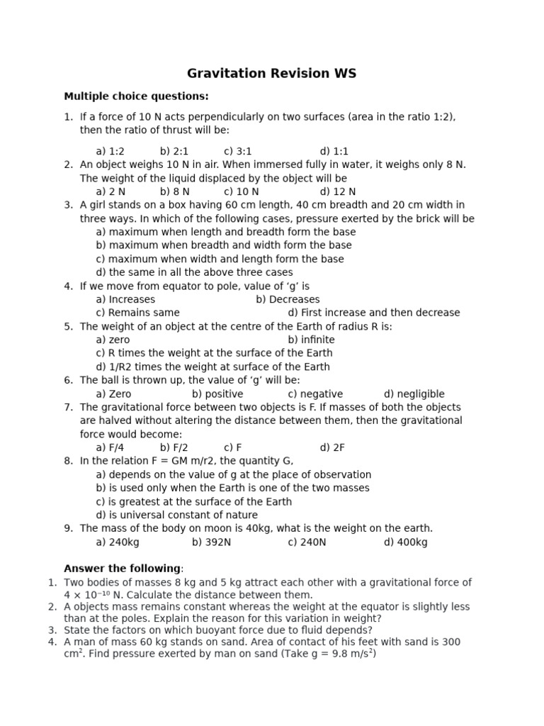 Grade 9 Gravitation Revision 2 | PDF | Weight | Force
