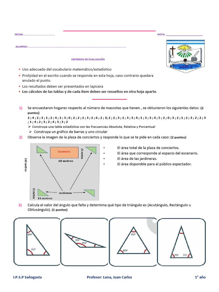 Evaluación Previa de Matemática 1ro | PDF | Triángulo | Matemáticas