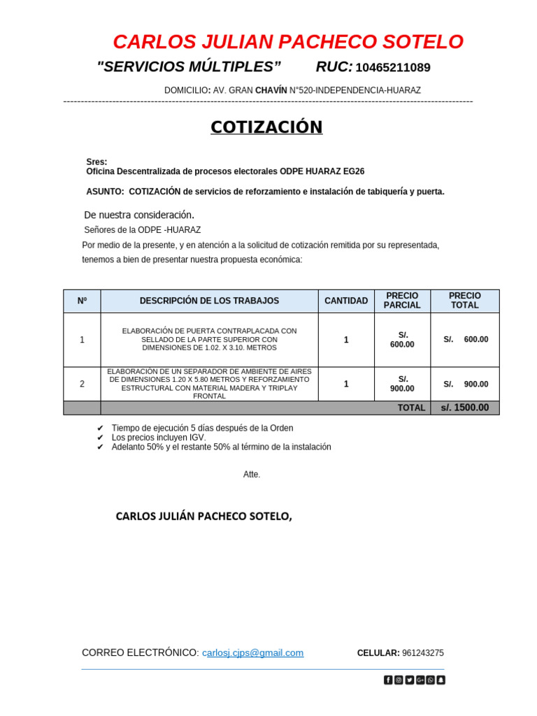 Cotizcioin Carlos Pacheco A Odpe Huaraz | PDF