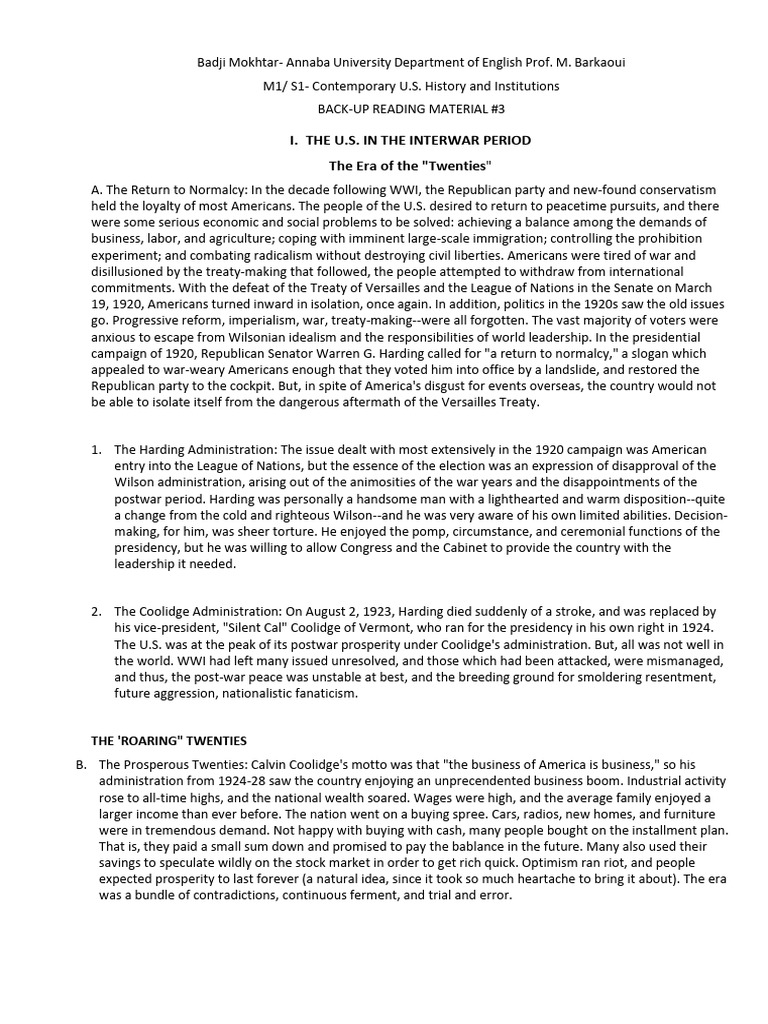 Backup Reading Material #4 - The U.S. in The Inter-War Period | PDF ...