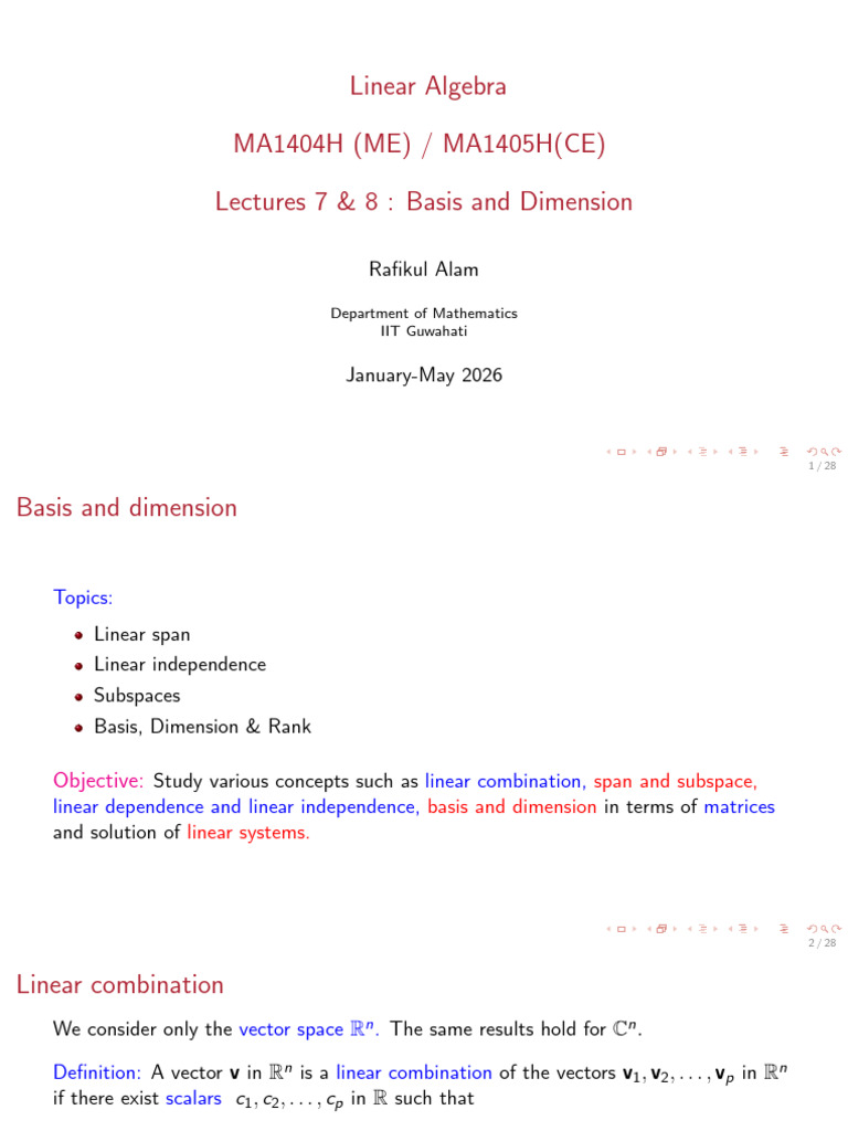 LA Lect 7&8 (Basis) 2026 Removed | PDF | Linear Subspace | Basis ...