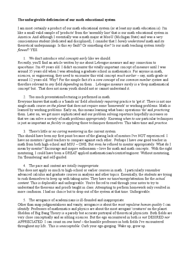 The Unforgivable Deficiencies of Our Math Educational System | PDF