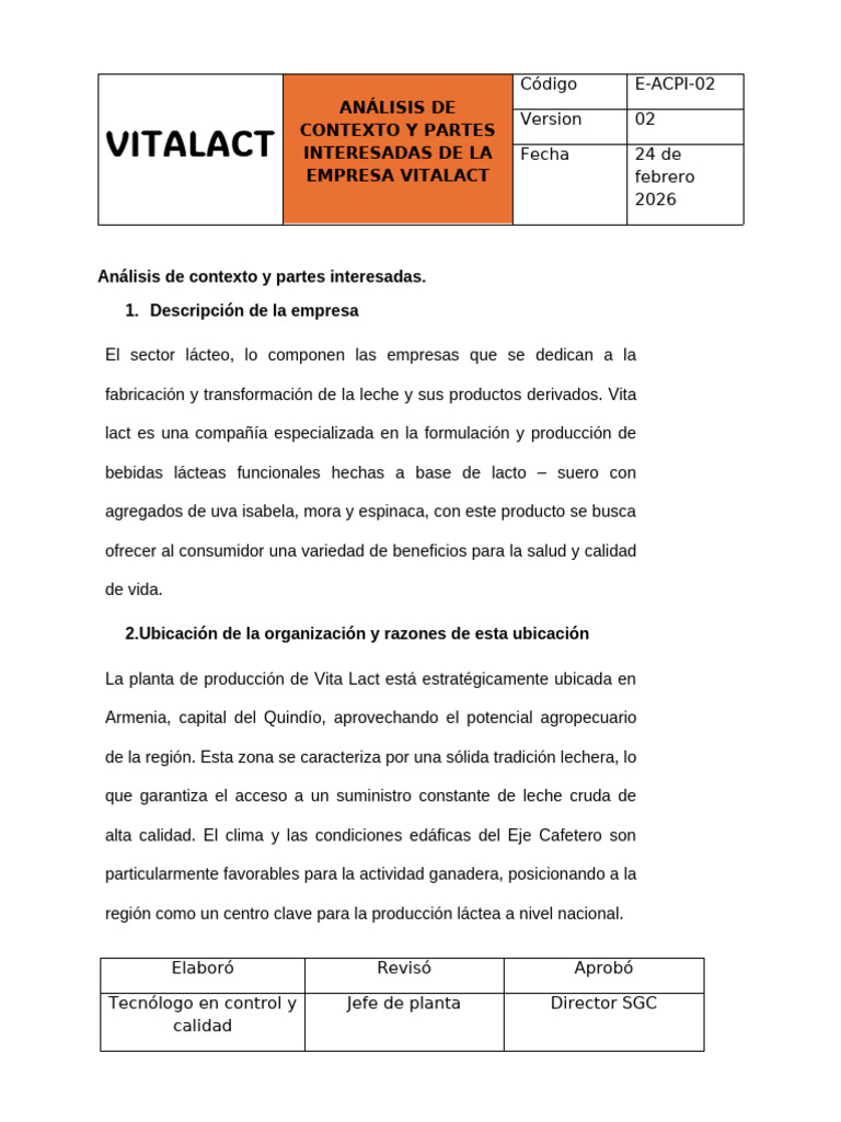 Análisis de Contexto y Partes Interesadas de La Empresa Vitalact | PDF ...