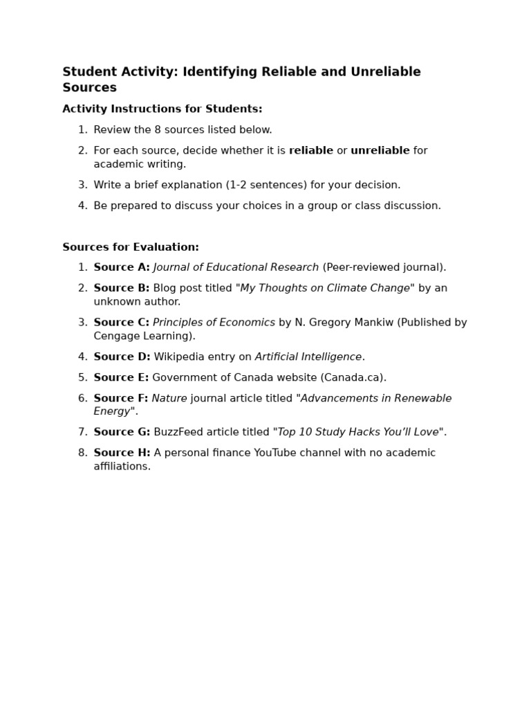 Student Activity - Identifying Reliable and Unreliable Sources | PDF