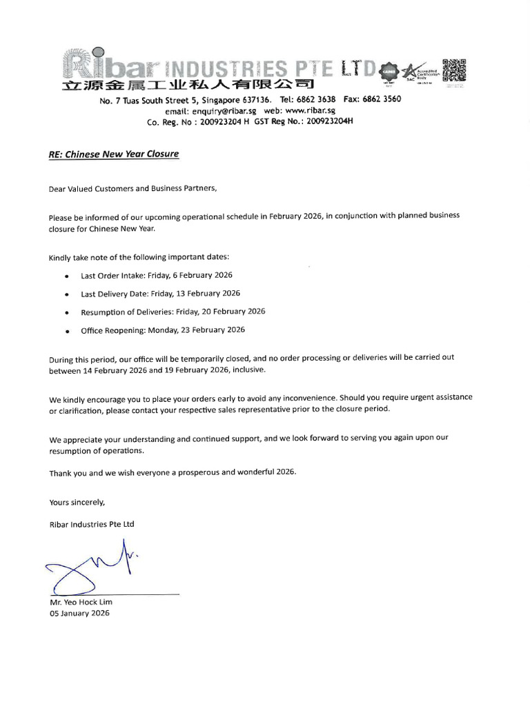 Ribar Ind CNY Closure Memo | PDF