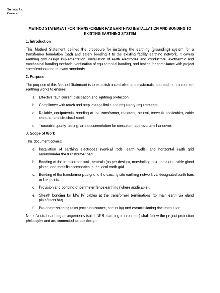 Method Statement For Transformer Pad Earthing Installation and Bonding ...