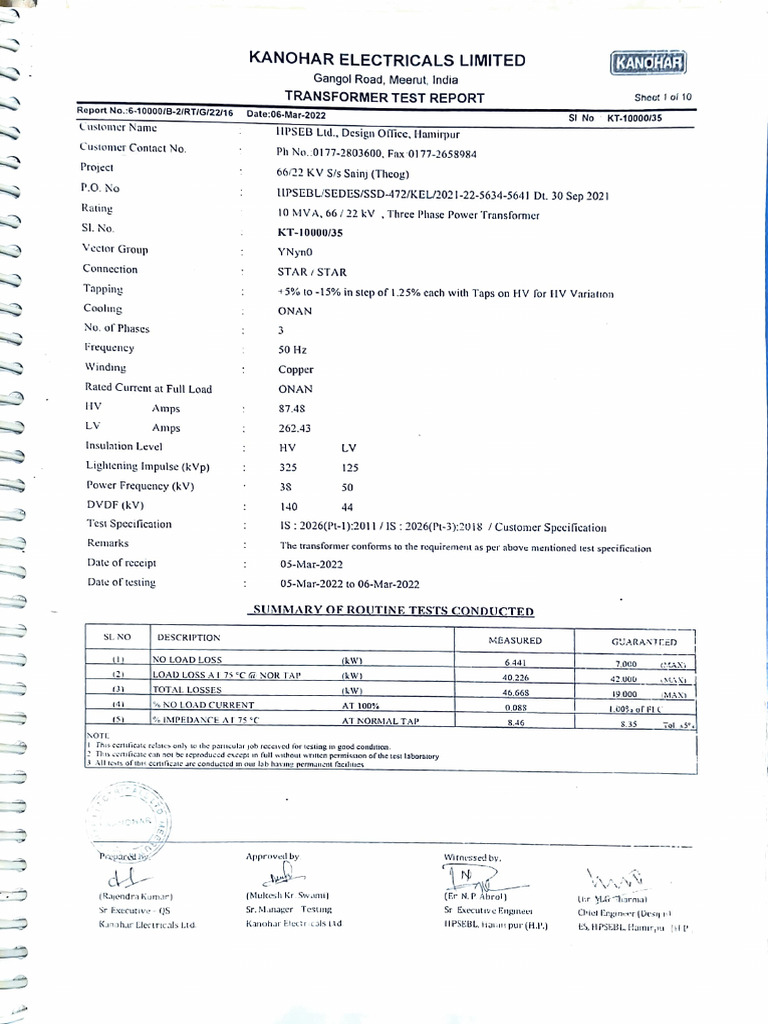 Transformer Test Report | PDF | Transformer | Voltage