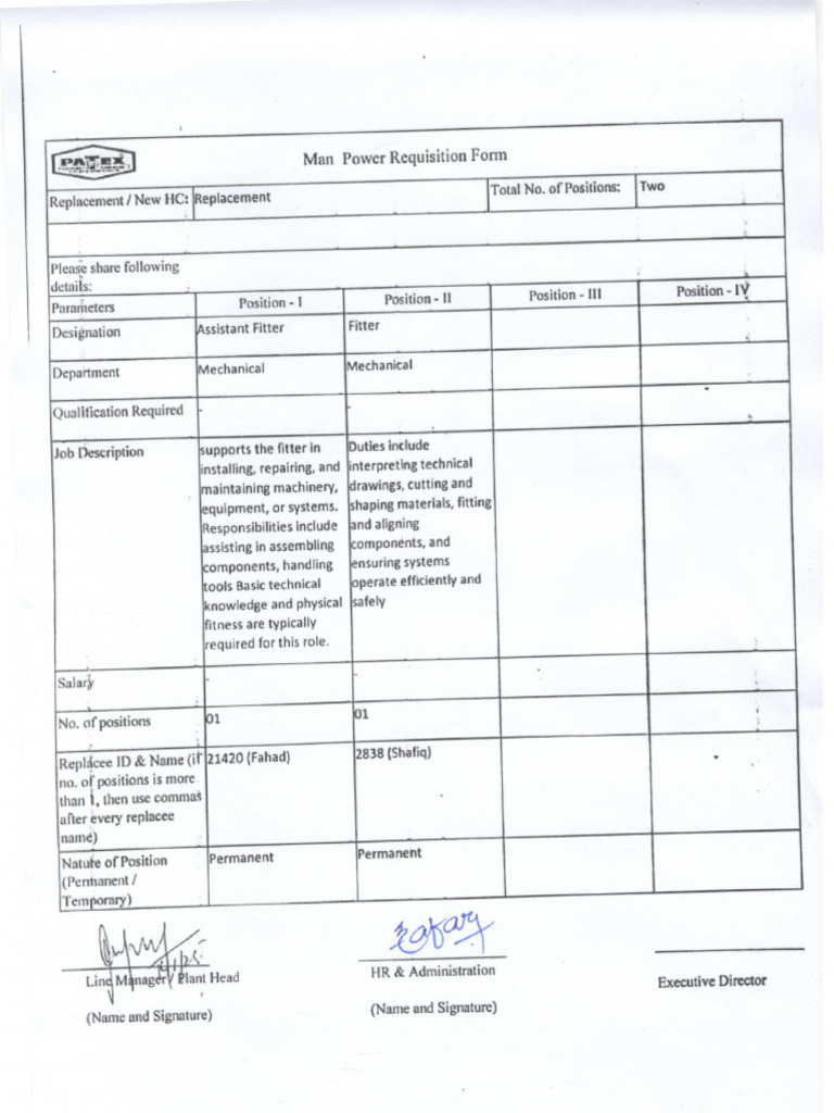 Man-Power Requisition Form - Mechanical PVS | PDF