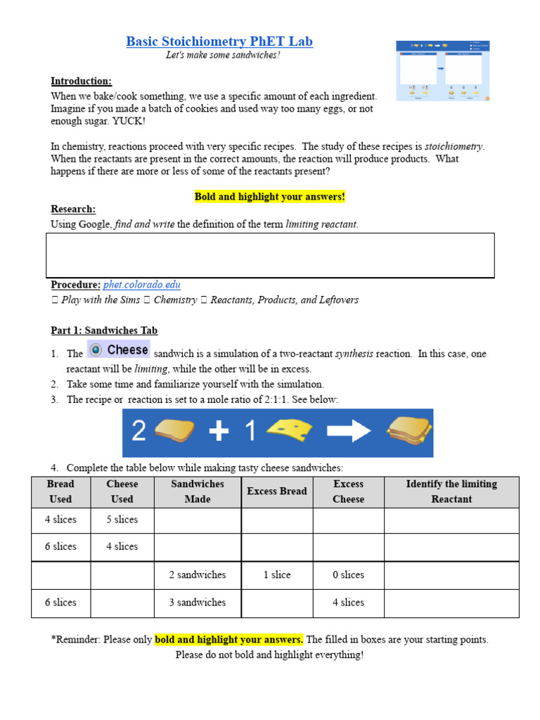 Basic Stoichiometry PhET Lab | PDF | Stoichiometry | Sandwich