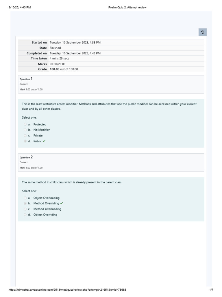Prelim Quiz 1 - Attempt Review OOP | PDF | Inheritance (Object Oriented ...