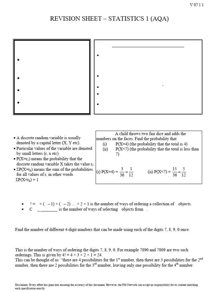 AQA S1 Revision Sheets | PDF | Probability Distribution | Probability