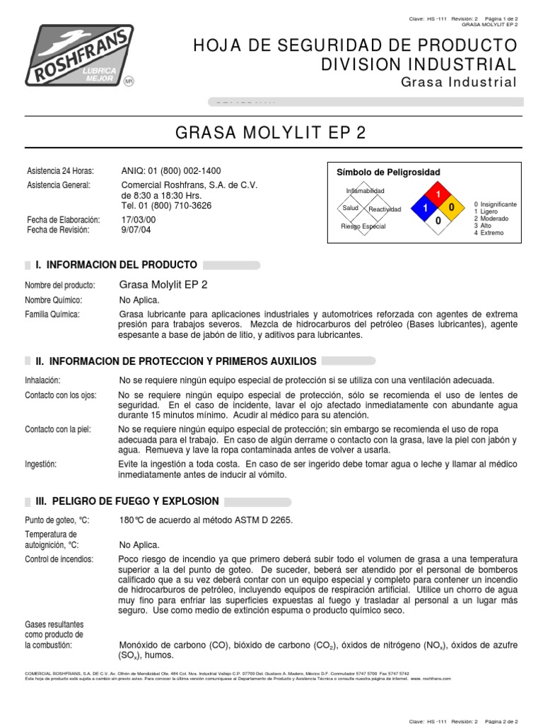 Grasa Industrial Hoja de Seguridad