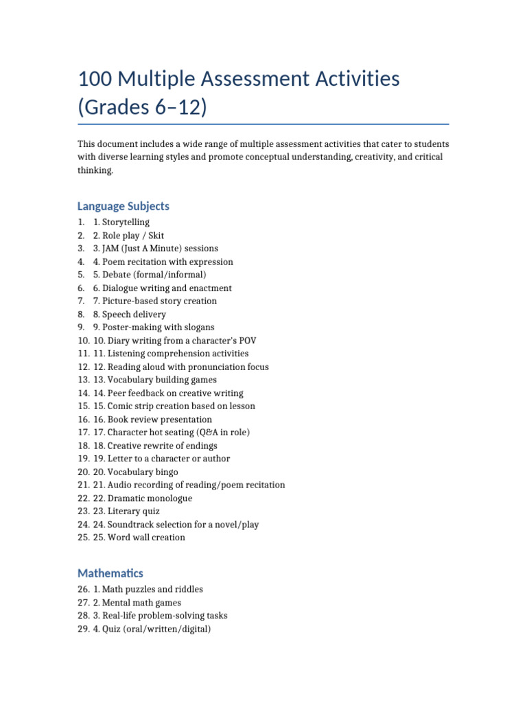 100 Multiple Assessment Activities | PDF | Mathematics | Science