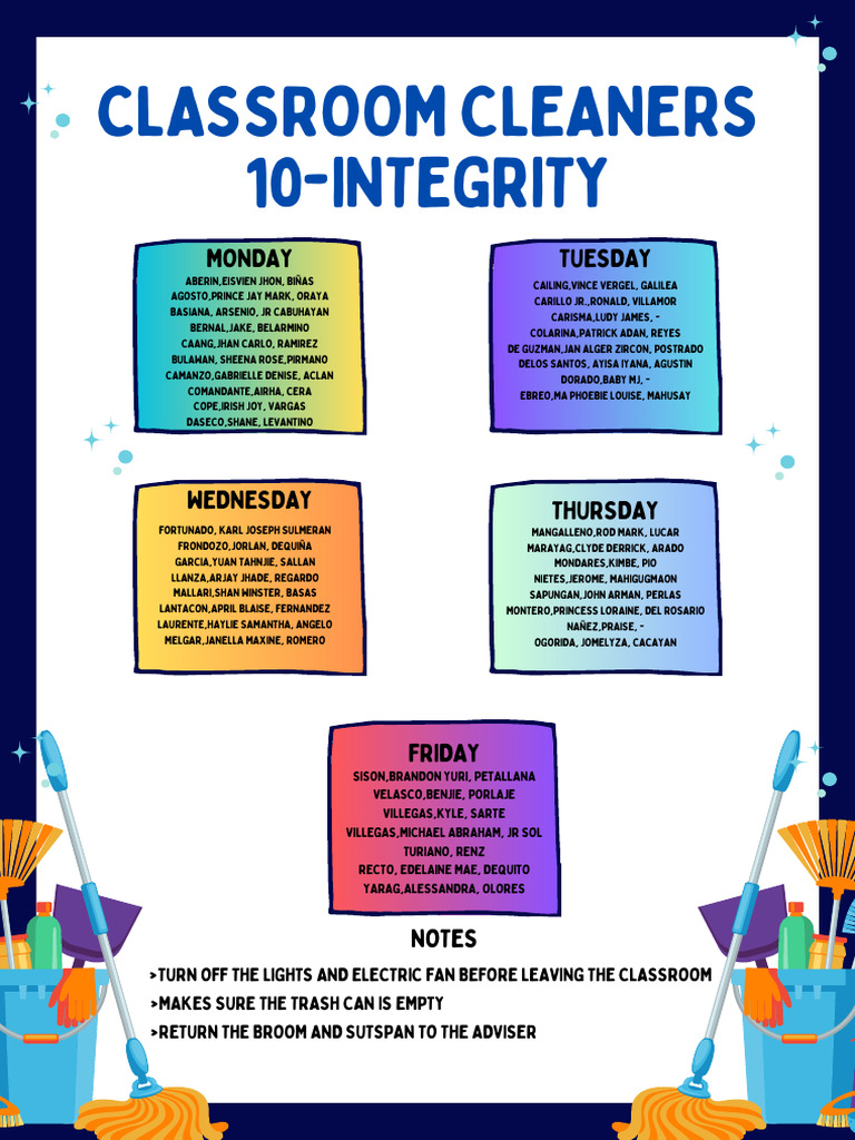 Blue and White Illustrative Classroom Cleaners Classroom Poster | PDF