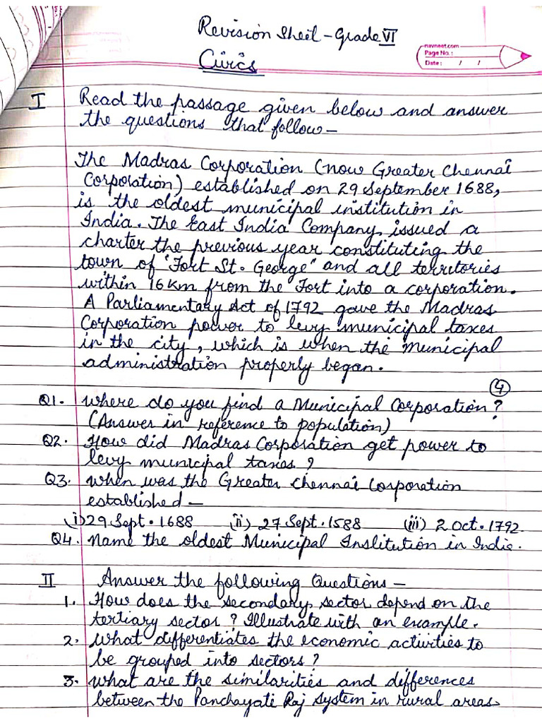 SS.T Revision Sheet Grade VI Civics & Geography | PDF