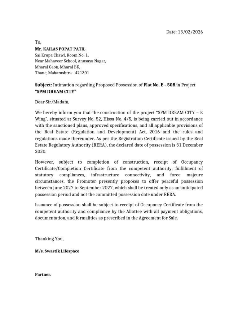 Possession Letter - Kailash Patil | PDF