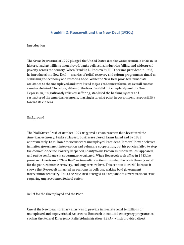 Franklin D Roosevelt New Deal Essay | PDF | New Deal | Great Depression