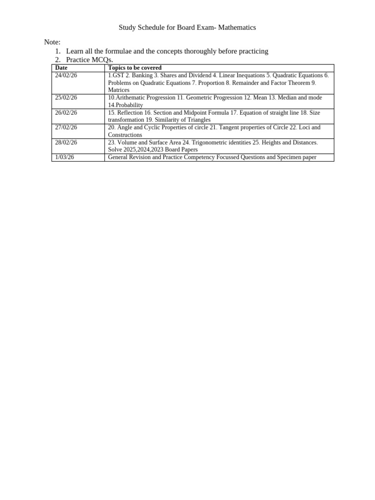 Study Schedule For Grade 10 | PDF