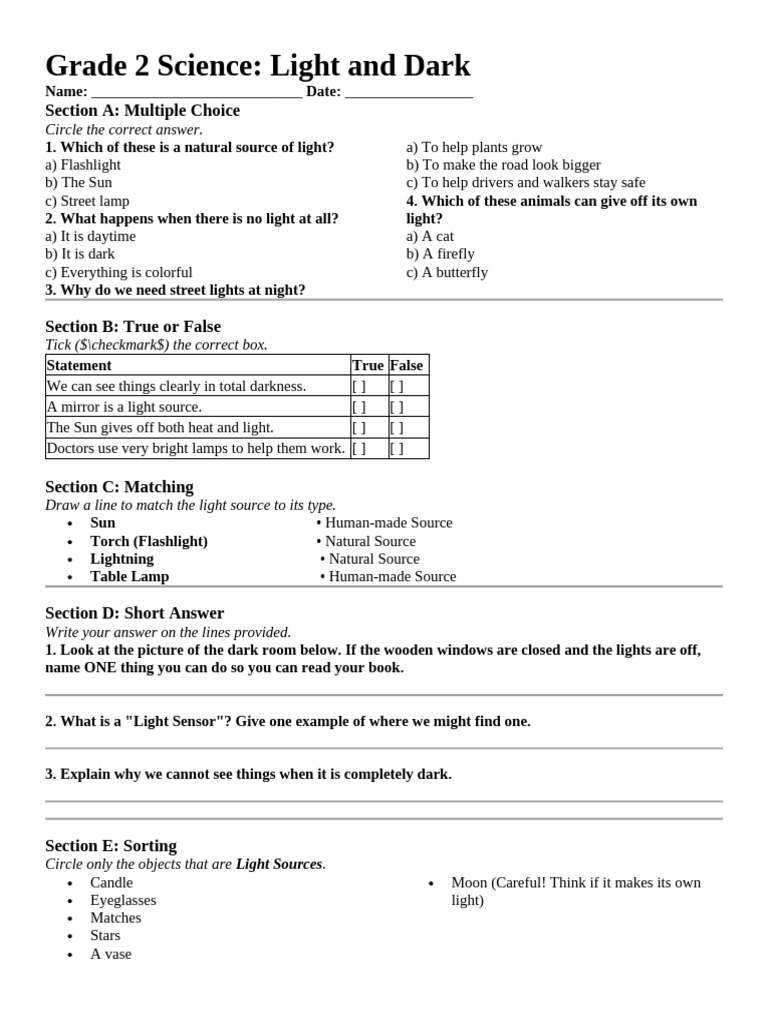 Grade 2 Science Light and Dark | PDF