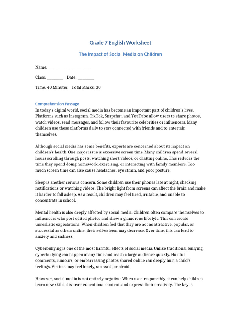 Grade 7 Social Media Comprehension Worksheet | PDF | Cyberbullying ...