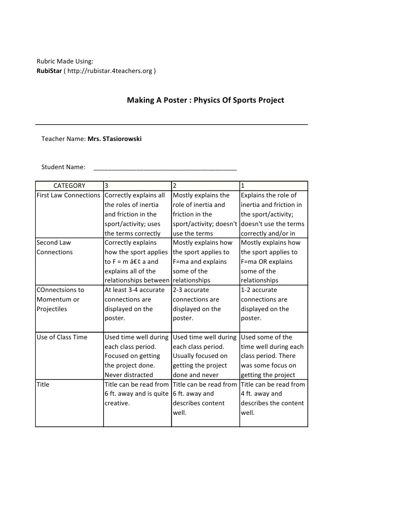 Physics in Sports Project Rubric | PDF | Graphics | Force