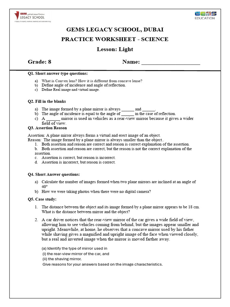 Practice Worksheet - Light | PDF | Mirror | Imaging