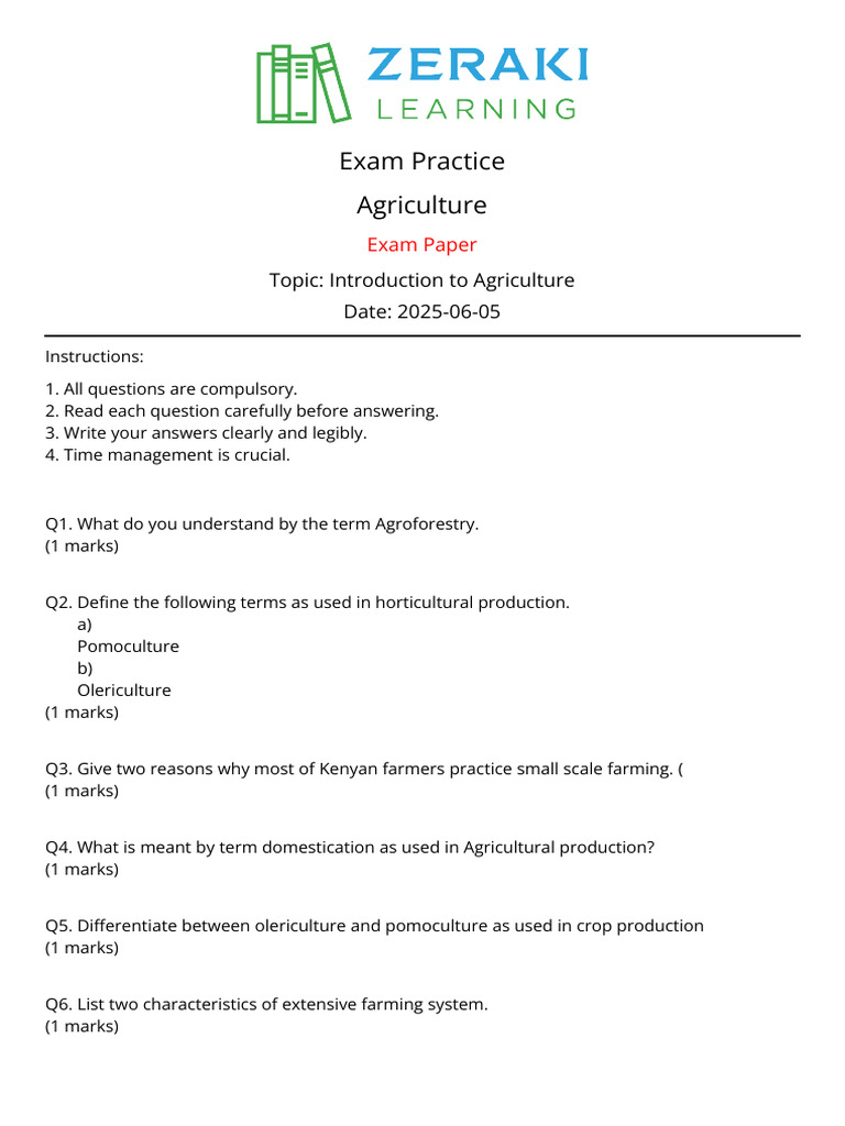 Exam Practice Introduction To Agriculture | PDF