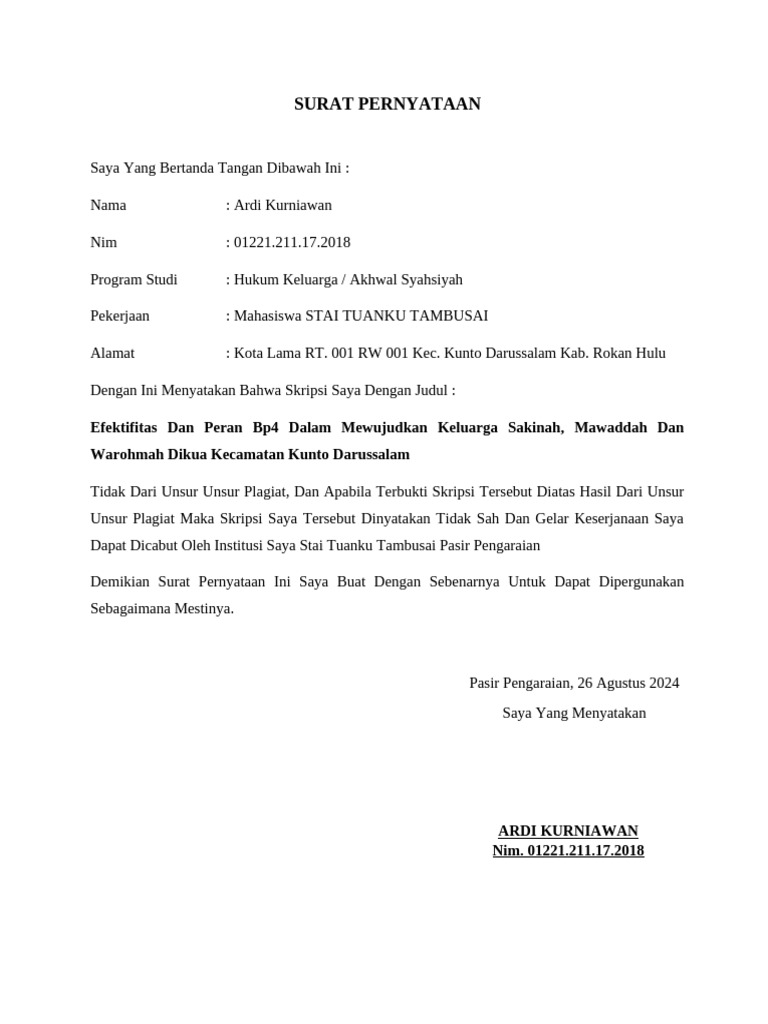 Surat Pernyataan Skrispsi Ardi | PDF