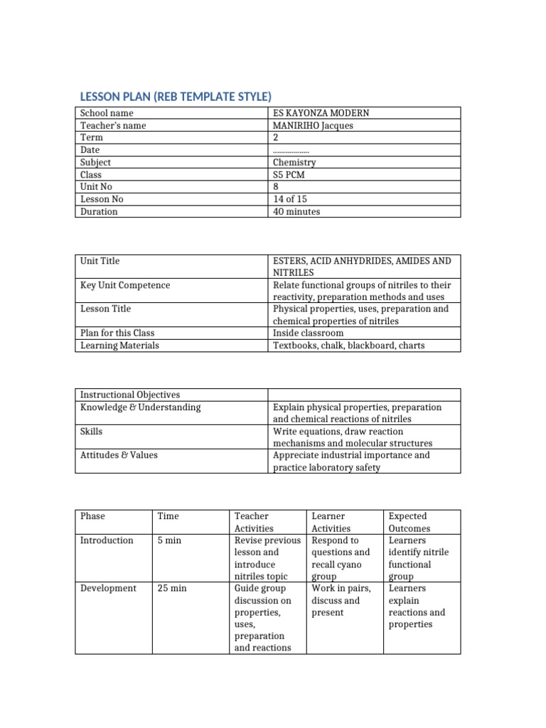 Nitriles REB Template Lesson Plan | PDF | Learning | Lesson Plan