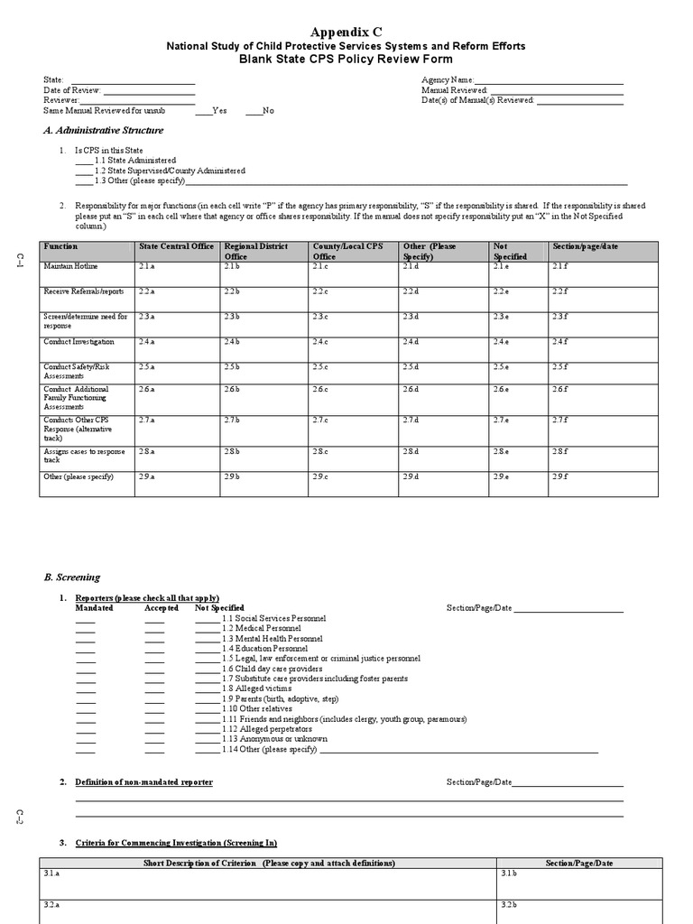 Appendix C: Blank State CPS Policy Review Form | PDF | Child Protective ...