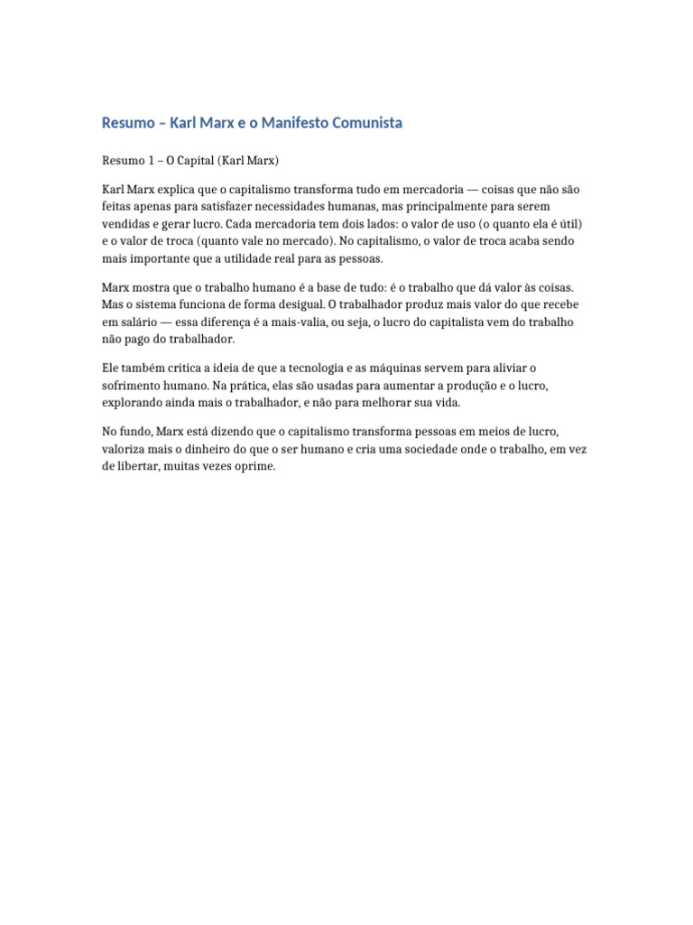 Resumo Marx Manifesto | PDF | Karl Marx | Capitalismo