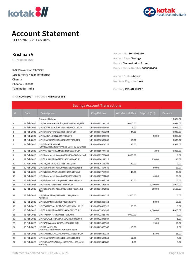 AccountStatement 01 Feb 2026 20 Feb 2026 | PDF | Banks | Transaction ...
